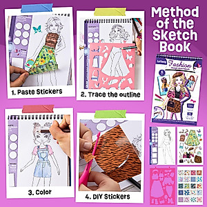 Lorfancy 500+ Fashion Designer Kits for Girls Kids Fashion Sketchbook Drawing Book Design Games Toddler DIY Stickers Stencils Activity Set Design Sketch Book Clothing Sewing Birthday Christmas Gifts