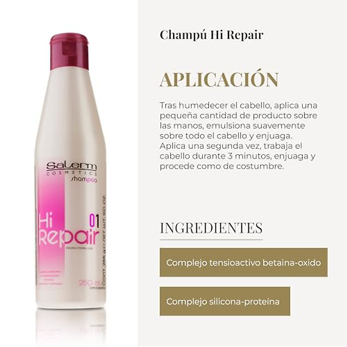 Salerm - Repair Shampoo - Hi Repair Shampoo - 250 ml - Deep Hydration for Damaged Hair - Repairs and Rejuvenates - Shinier and Softer Hair - Immediate Effect