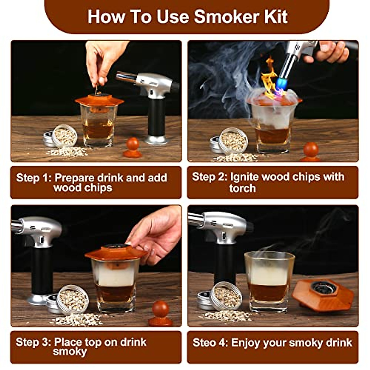 Cocktail Smoker Kit, PESUITOR Old Fashioned Whiskey Smoker Kit with Torch Marble Stones Wood Chips, Drink Smoker Infuser Kit Birthday Bourbon Whiskey Gifts for Men, Dad, Husband Father (No Butane)