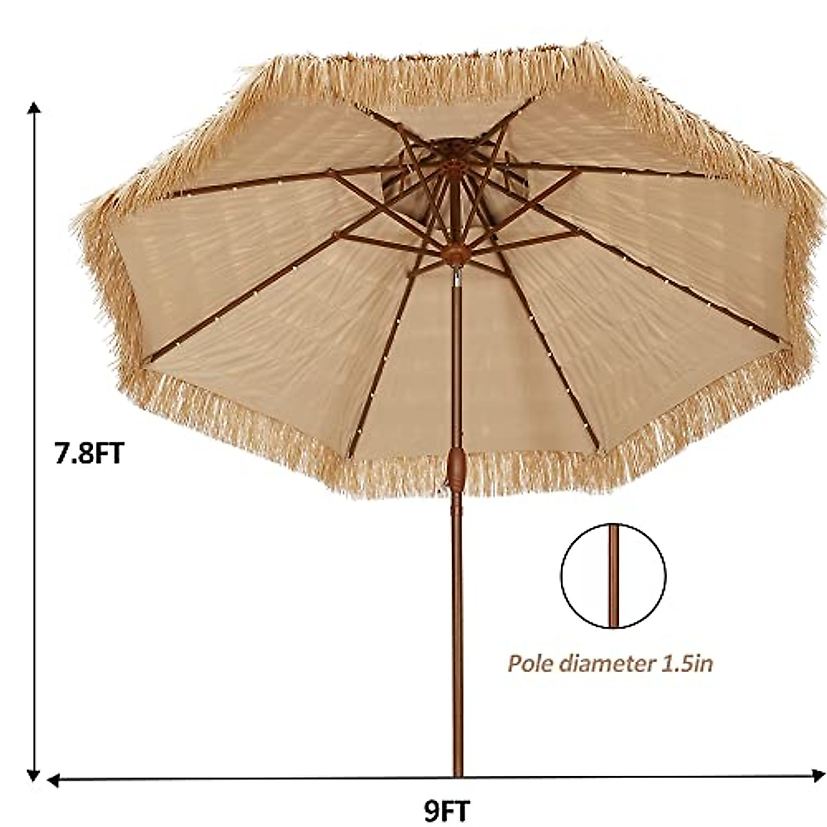 9ft 2Tier Outdoor Thatched Tiki Umbrella with Tilt Hand crank,32 built-in LED lights Hawaiian Style Beach Patio Umbrella (9FT（wood）)