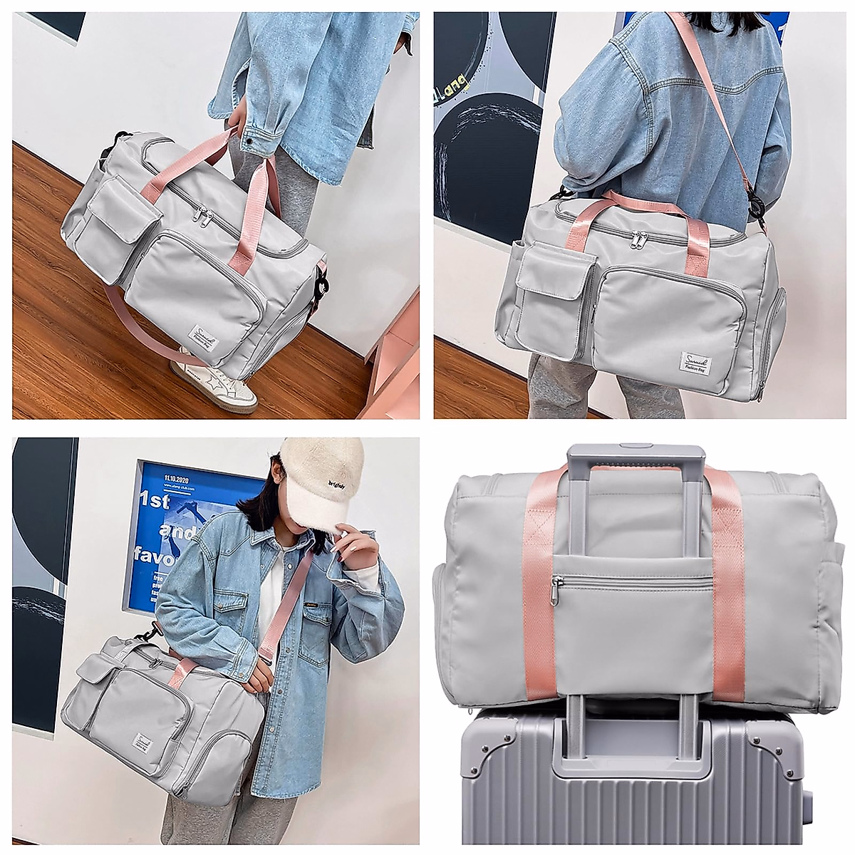 Suruid Travel Duffel Bag with Shoes Compartment Sports Gym Bag with Dry Wet Separated Pocket for Men and Women, Overnight Bag Weekender Bag Training Handbag Yoga Bag - Gray Pink