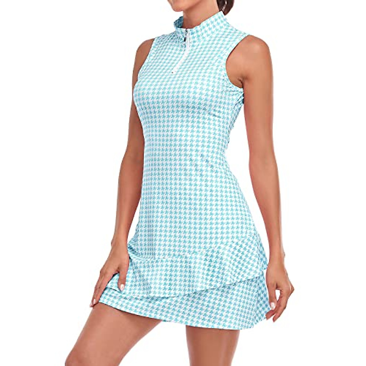 Viracy Tennis Dress for Women Golf Outfits Sleeveless Stand Collar Short Dresses with Pockets Zip Up Moisture Wicking for Workout Athletic Blue Houndstooth-M
