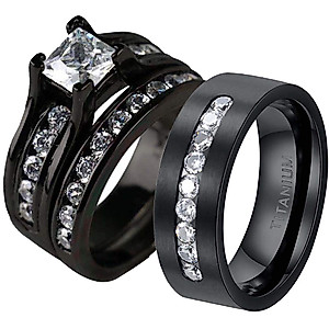 ringheart 2 Rings His Her Wedding Ring Sets for Him and Her Couple Rings Black Matching Ring Women Engagement