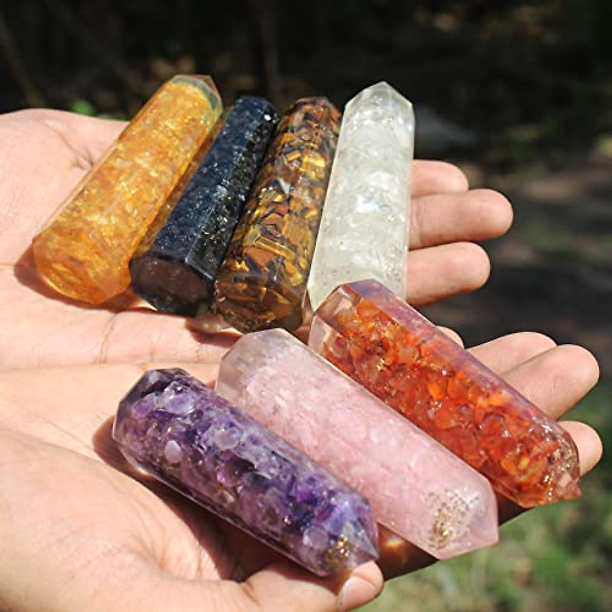 Orgone Healing Point Wands Set of 7 Includes 3.5” Amethyst Crystal, Rose Quartz, Black Tourmaline, Tigers Eye, Citrine, Carnelian, and Clear Quartz-big crystals for Spiritual Meditation and Protection