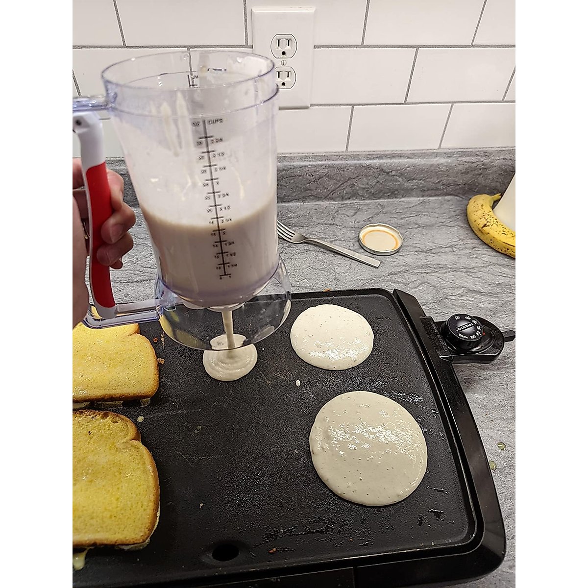 Waffles Batter Dispenser n Waffle Tongs Combo Set,Get Perfectly Fluffy Waffles Every Time! Batter Measuring Separator for Pancakes, Cupcake, Muffin Quick Filling Cookie Batter