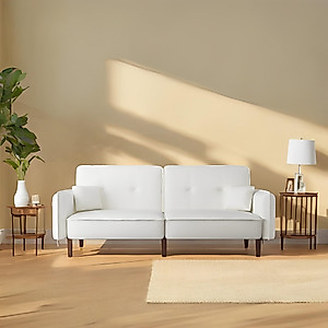 LUSPAZ Convertible Sofa Bed with Wood Legs, Linen Fabric Futon Couch for Live Room,White