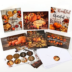 Whaline 24Pcs Thanksgiving Greeting Cards Assortment with Stickers and Envelopes 5" x 7" Large Vintage Pumpkin Thanksgiving Cards Rustic Give Thanks Note Cards for Party Favor Supplies