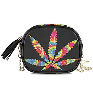 ALAZA Women's Tie Dyed Pot Leaf Cross Body Bag Chain Shoulder Handbag Purse with Tassel