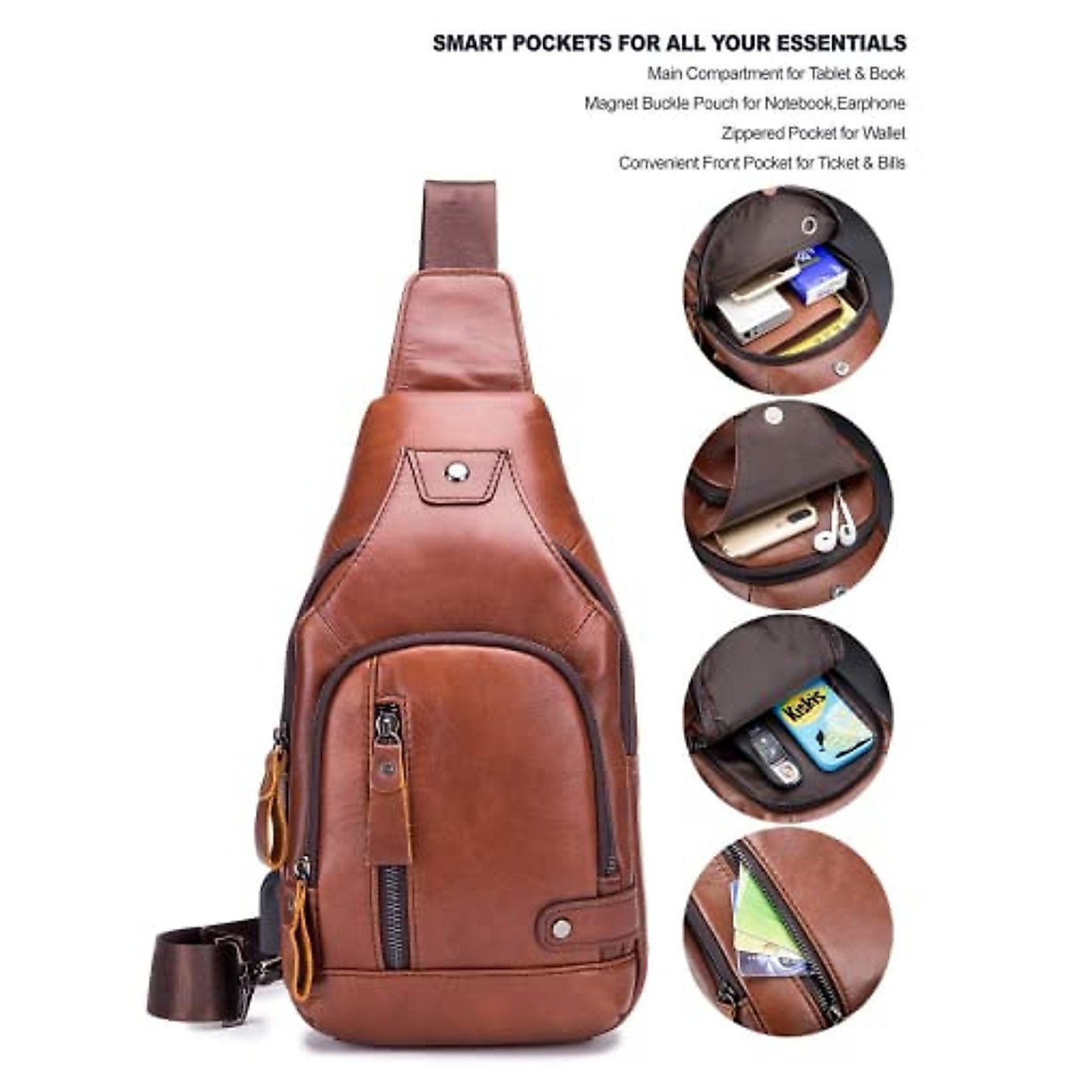 Leather Sling Bag Small Purse for Men Women Crossbady Bag Chest Bags Shoulder Backpack Cross Body Man Womens Water Resistant Vintage