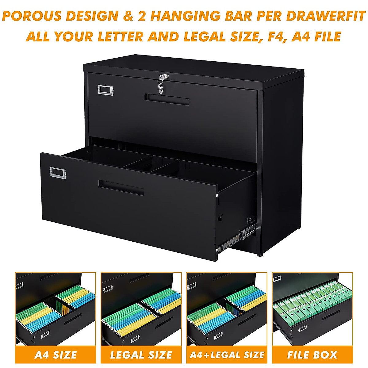 STANI Lateral File Cabinets with Lock, Filing Cabinet, 2 Drawer Lateral File Cabinet with Lock, Metal Lateral File Cabinet for Home and Office, Assembly Required