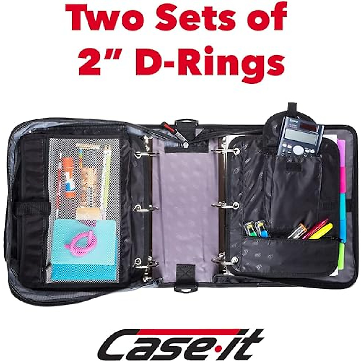 Case-it Dual 2.0, Zipper Binder, 2 Set of 2” D-Ring Dual, W/Removable File Folder Hold Down Pages, Front Flap Pocket, Laptop Storage, Pen Pockets,5 tab Removeable File Folder, Dual-301, Pink