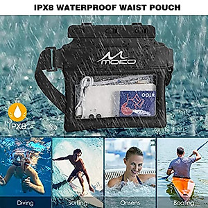 MoKo Waterproof Phone Pouch Fanny Pack, Floating Dry Bag for Swimming Kayaking Snorkeling, Compatible with iPhone 14 13 12 11 Pro Max X/Xr/Xs Max, Galaxy S21 Ultra/S9/Note 10 Plus, Black