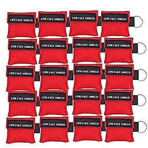 LSIKA-Z 20pcs CPR Face Shield Mask with Keychain Keying Emergency Kit CPR Face Shields Pocket Mask for First Aid or CPR Training (Red-20)
