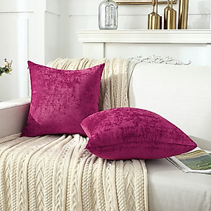 Jeneoo Decorative Fuschia Pink Throw Pillow Covers Rustic Farmhouse Super Soft Square Chenille Comfy Solid Cushion Couch Cases for Sofa Bedroom Chair (Set of 2, 18 x 18 Inches)