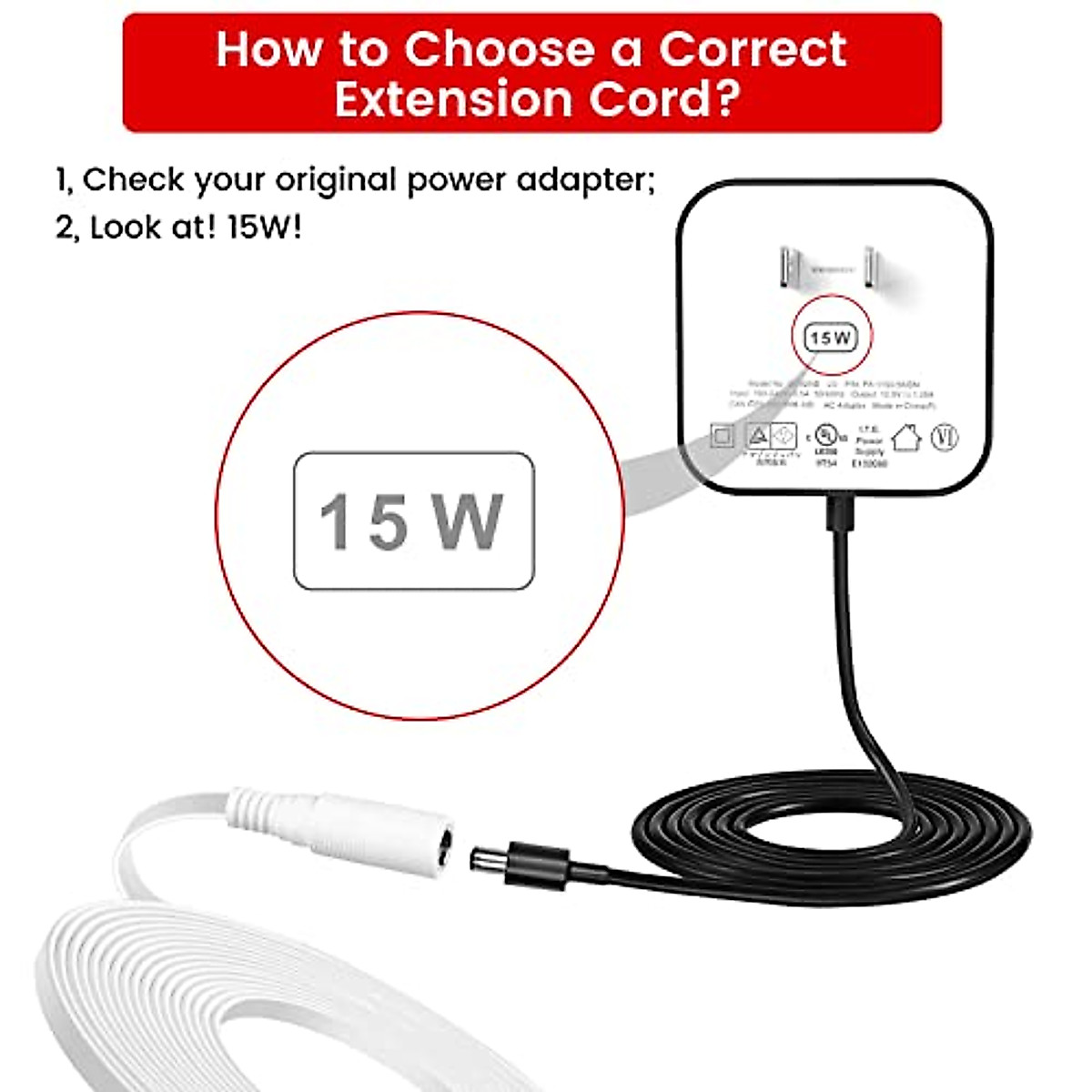 Power Extension Cord Replacement for Alexa Dot 3rd Generation, Dot 4th gen, Show 5, Dot with Clock, TV Cube, Spot - White DC Plug Extension Cable 16 ft