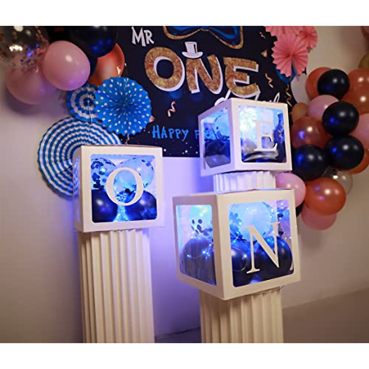 FIGEPO First Birthday Balloons Boxes with 3 LED String Lights and 12 Blue Balloons 12 Confetti Balloons ONE Transparent White Blocks for Baby Boy 1st Birthday Decorations baby shower Photo Shoot Prop