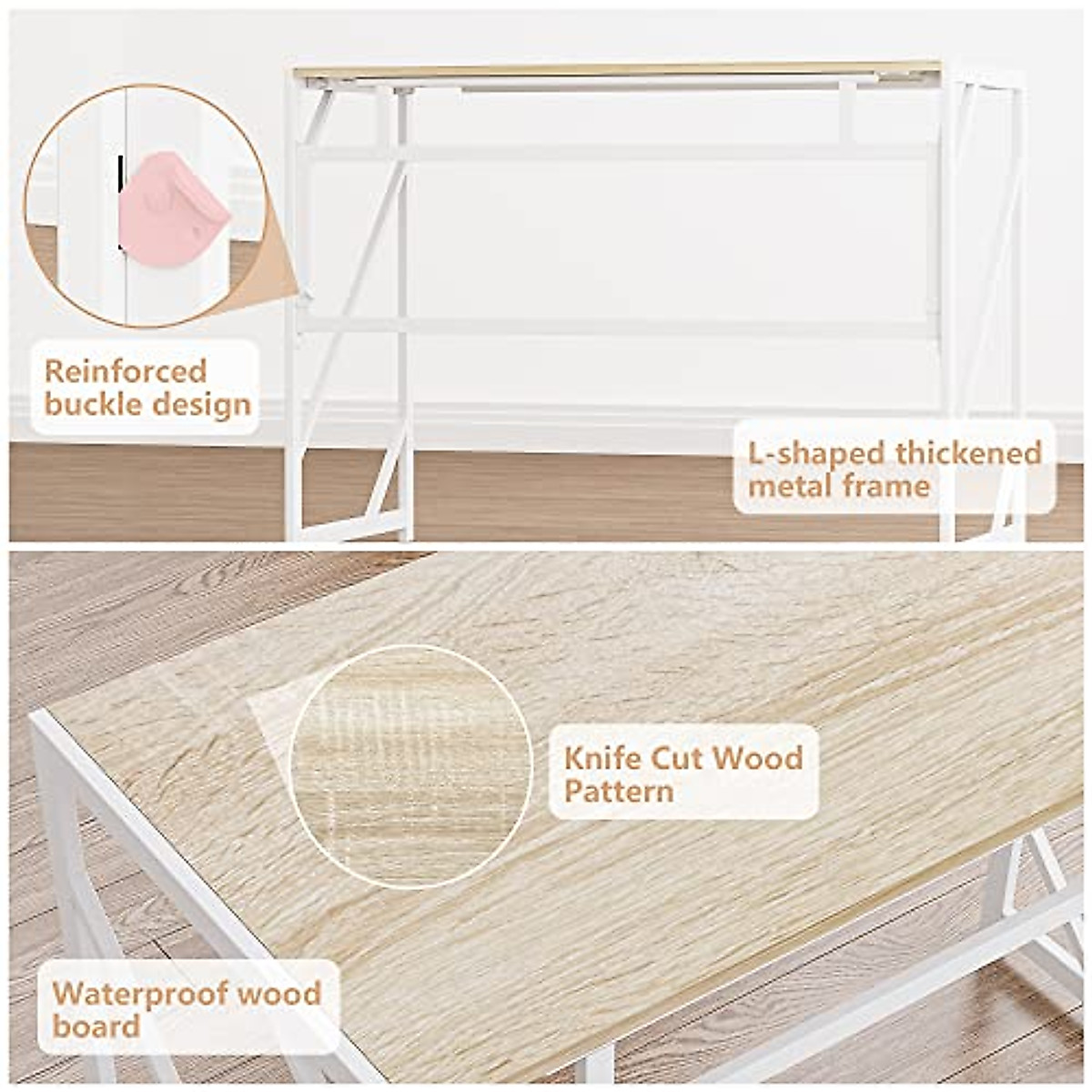 Elephance Folding Desk Writing Computer Desk for Home Office, No-Assembly Study Office Desk Foldable Table for Small Spaces