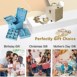 INMORVEN Small Jewelry Box Organizer, 3 Layer Velvet Travel Jewelry Case, Jewelry Box Organizer for Women Girls, Earring Organizer Ring Box, Jewelry Storage for Necklace Bracelets (Gray)