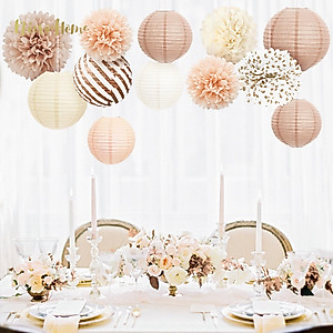 NICROHOME Wedding Decorations, 12 PCS Champagne Tissue Paper Pom Poms and Lanterns Set, Creamy White Paper Flowers for Engagement Receptions, Boho Bridal Showers Party Supplies