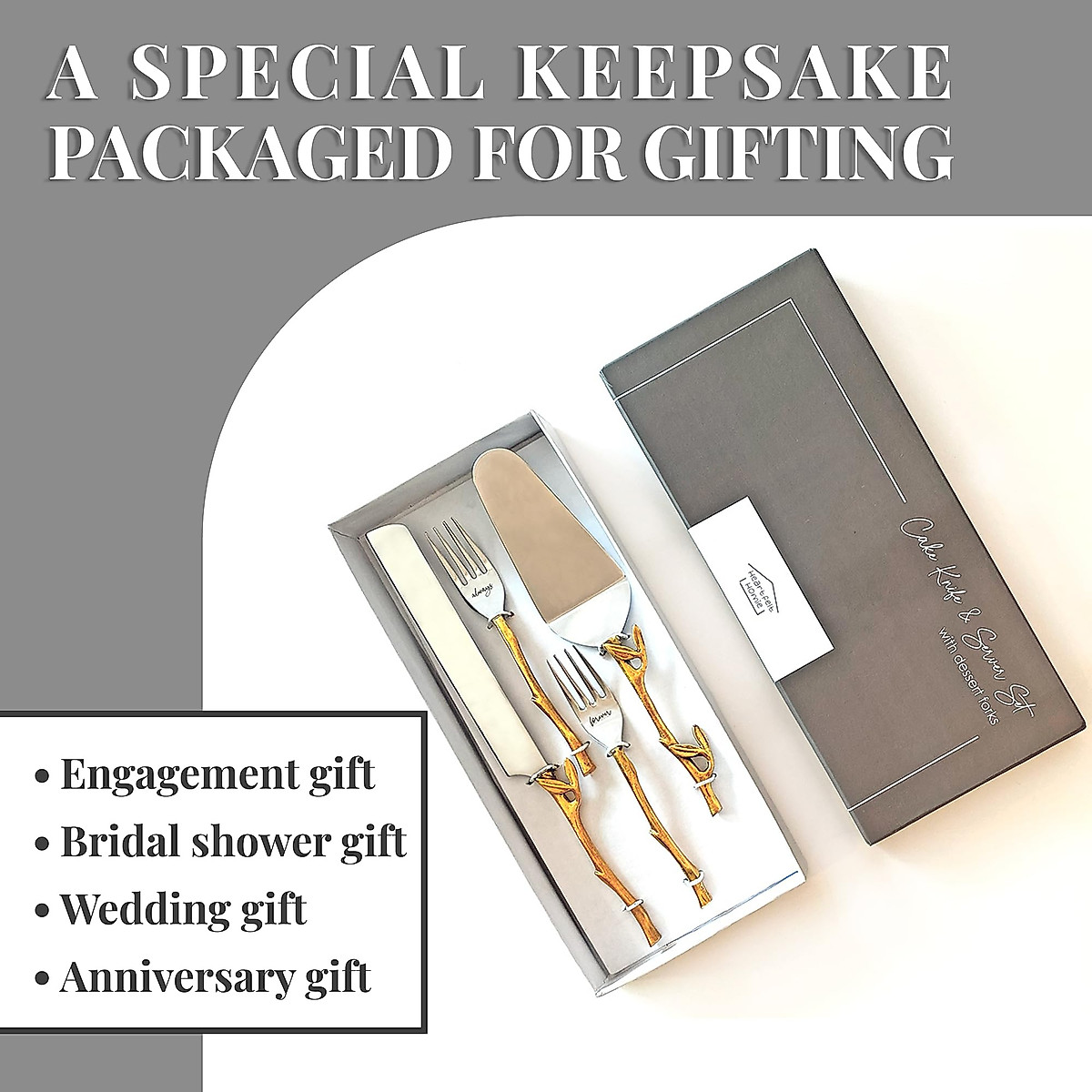 Heartfelt Homie Wedding Cake Knife and Server Set - 4 PC Cake Cutting Set with Gold Twig Leaf Handles - Pie server, Cake knife, Engraved forks for Wedding Cake Cutting - Engagement, Bridal Gifts