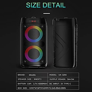 10W Bluetooth Speaker, Portable Wireless Speakers with Double Subwoofer Heavy Bass, Bluetooth 5.0, Colorful Lights, 4000 mAh, FM Radio, Remote, EQ, Loud Stereo Speaker for Home Outdoor Party (Black)