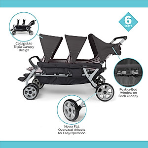 Gaggle by Foundations Jamboree 6-Seat Multi-Child Stroller with Oversized UV Blocking Canopy, Compact Folding Stroller, Easy Loading, Storage Bucket (Black)