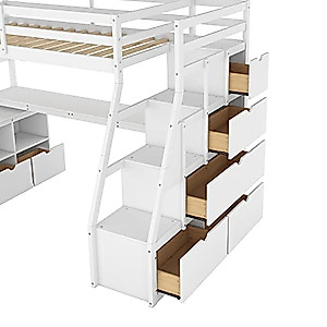 Merax Loft Bed Twin Size, Wooden Frame with Desk and Storage, Space-Saving Design with Convenient Multi-Drawers & Cabinet, for Teens Adults (White)