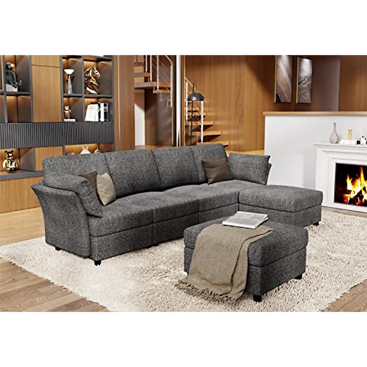 AMERLIFE Sectional Sofa, Modular Sectional Couch with Ottomans- 6 Seat Sofa Couch for Living Room, Convertible U Shaped Couch with Chaise, Oversize W107 xD54 xH37 Dark Grey