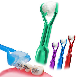DenTrust 4PK | Braces Brush 3-Sided Toothbrush | Cleans Better Around Orthodontic Brackets | Made in America | Ultra Soft Gentle Heads | Built-in Tongue Cleaner for Fresh Breath