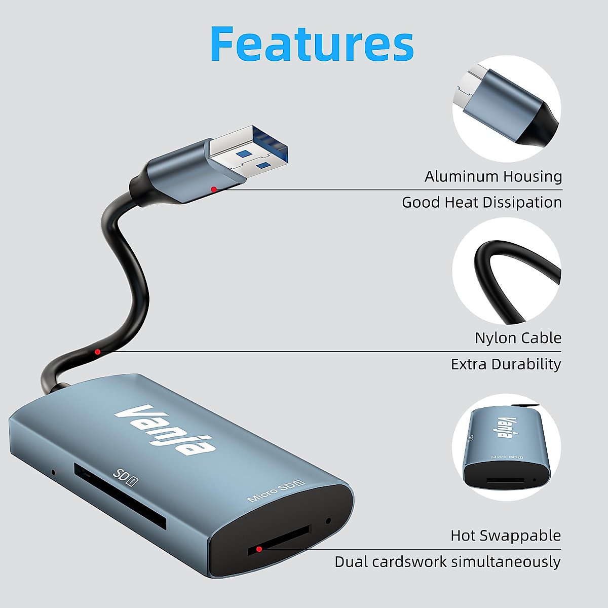 Vanja USB SD Card Reader, 2 in 1 Memory Card Reader SD Card to USB Adapter, for Camera SD, SDXC, SDHC, MMC, RS-MMC, Micro SD, Micro SDXC, Micro SDHC, UHS-II and UHS-I Cards