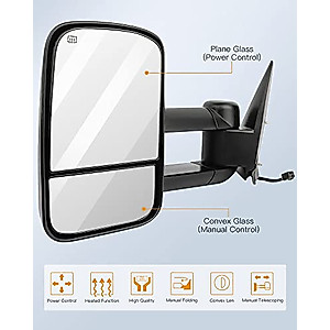 ITOPUP Towing Mirrors Fit for 1999-2002 for Chevy Silverado 1500/2500 for GMC Sierra 1500/2500 Tow Mirrors with Power Control Heated 1 Pair of Mirrors Left Side and Right Side Black Textured