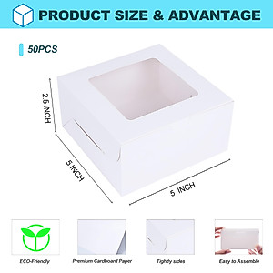 Zzrywuty 50 Packs 5x5x2.5in White Cookie Boxes, Bakery Boxes with Window, Mini Cake Boxes, Cupcake Container Boxes for Cookies, Pastry, Pie, Strawberries, Donuts, Candy, Desserts, Small Cake