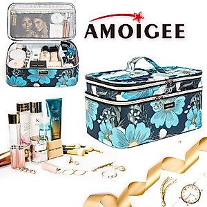AMOIGEE Double Layer Makeup Train Case - Travel Bag Organizer for Makeup Brushes, Bottles, Palettes, Sponges and Cosmetics