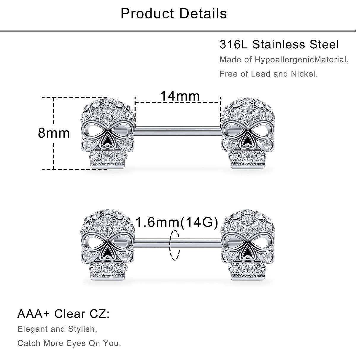 Lcolyoli 316L Stainless Steel Nipple Rings Barbell Crystal Skull Piercing Nipple Piercing Jewelry for Women Men Silver-tone