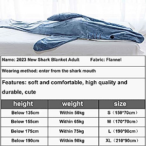 2023 New Shark Onesie Blanket Adult, Wearable Shark Blanket Hoodie for Adult, Shark Blanket Super Soft Cozy Flannel Hoodie Adult Shark Sleeping Bag (XL:210 * 90cm)