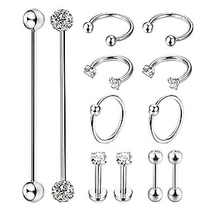 Masedy 12Pcs Stainless Steel Industrial Barbell Cartilage Piercing Earrings for Women Men Hoop Helix Tragus Labret Piercing A-Silver