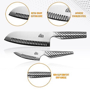 EaZy MealZ Super-Max Sharpness 2 Piece Knife Set | Stainless Steel | Non-Slip Comfort Grip | Professional Quality | All-Purpose | 7” Santoku & 4” Chef’s Knife