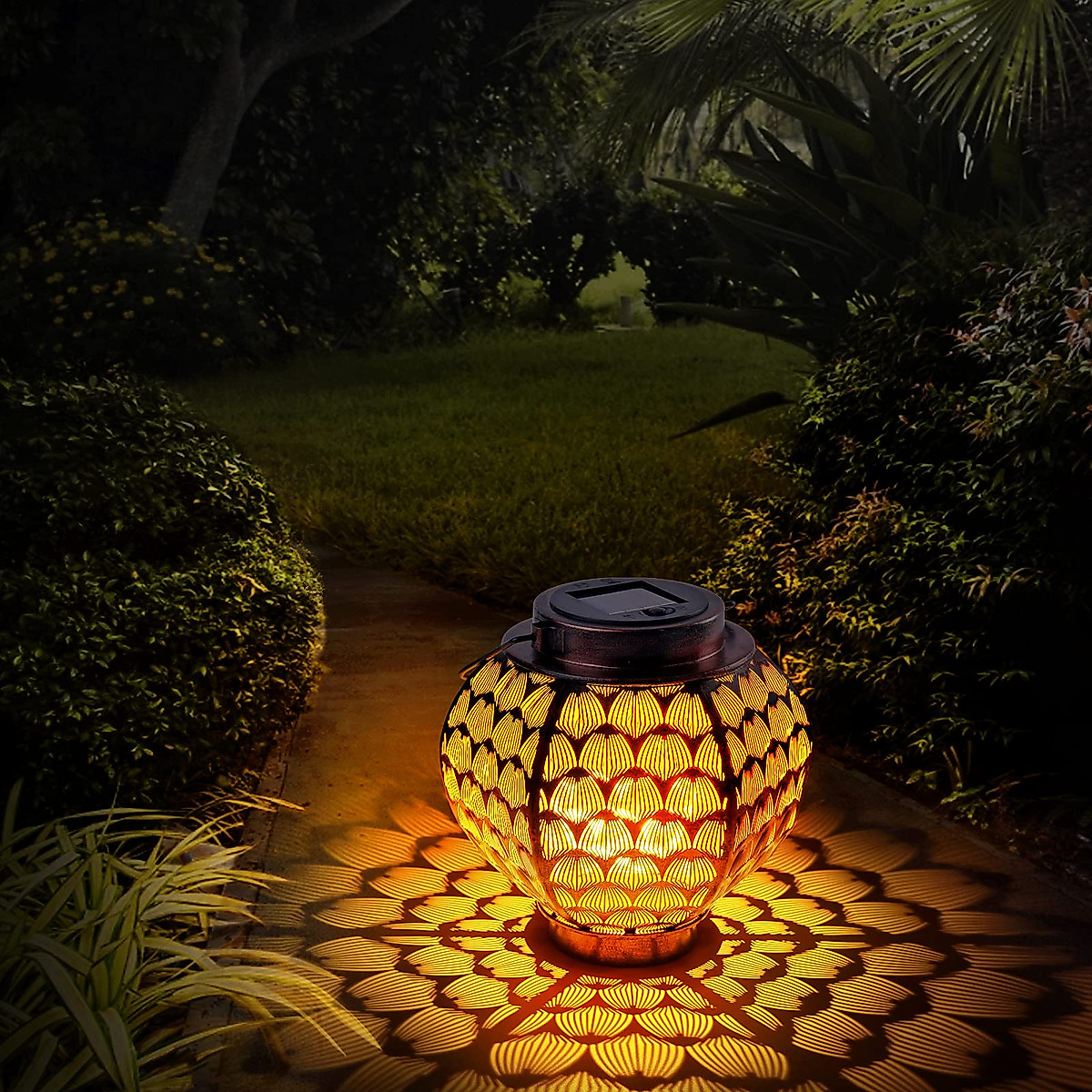 Bownew Outdoor Hanging Solar Lantern Outside Waterproof Metal Solar Powered Lights Decor for Garden Patio Deck Lawn Pathway Yard Porch Balcony Tabletop and Tree