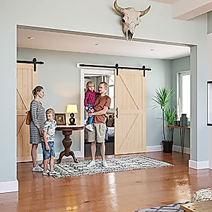 SmartStandard 36in x 84in Barn Door Kit, (2-Panel Sliding Door & Pull and Handle Set & Floor Guide), Pre-Drilled Ready to Assemble, Natural Unfinished Solid Wood Door, K-Frame (Fit 6FT -6.6FT Rail)