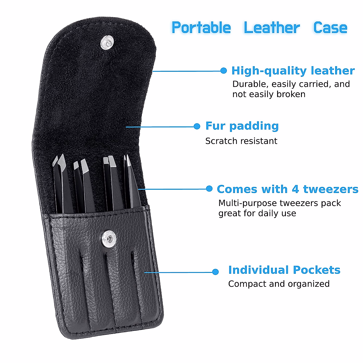 Rikans Precision Tweezers Set – Pack of 4 Black Professional Tweezers – Handy Carry Pouch – Superior Stainless Steel Tweezer Set – Splinters, Eyebrows, Facial or Ingrown Hair – Blackheads Remover