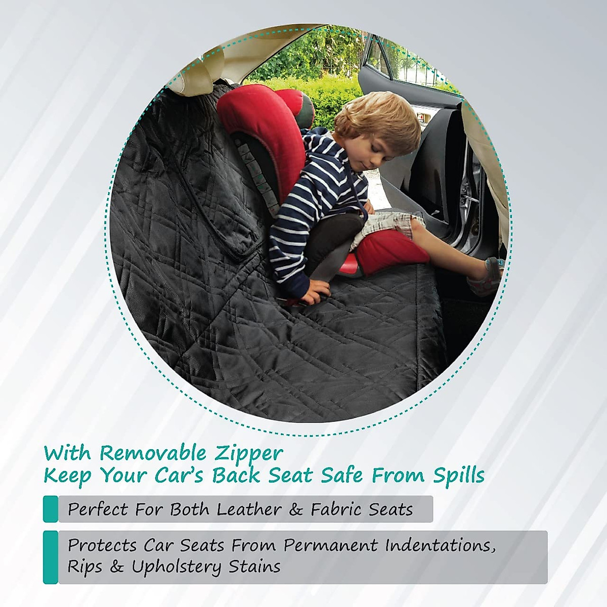 Car Back Seat Protector for Kids with Removable Zipper – Thick Padded Diamond Design Child Backseat Cover for Car Truck SUV with Non-Slip Material 100% Waterproof 600D Scratch Proof Machine Washable