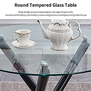 ROOIOME Round Glass Dining Table Set 5 Pieces Dining Table Chair Set for Home Kitchen Round Tripod Chrome Legs Table with 4 PU Chairs, Contemporary Dining Room Furniture Set for Small Space