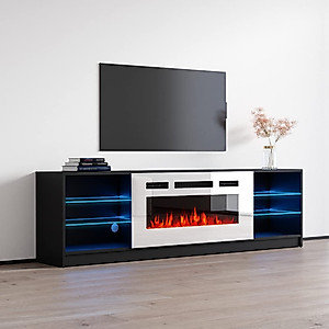 Boston WH01 Fireplace TV Stand for TVs up to 90", Modern High Gloss 79" Entertainment Center, Electric Fireplace TV Media Console with Storage Cabinets and LED Lights