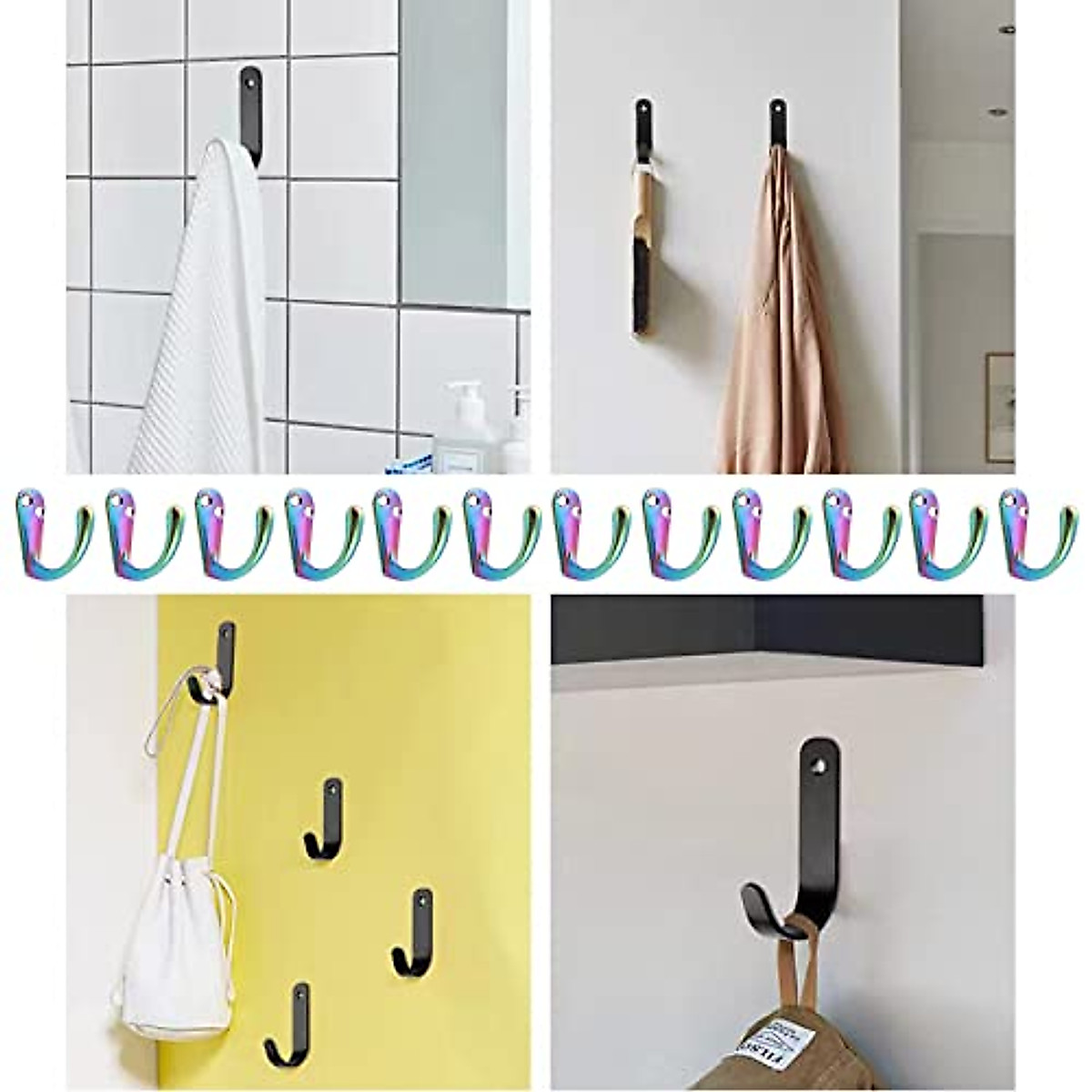 YEWIN 12pcs Rainbow Metal Wall Hooks-Vintage Mounted Hook Hangers with 24pcs Screws for Robe Coat, Towel, Hanging Hat, Cap, Scarf, Cup, Key, Bag (Rainbow 12pcs)