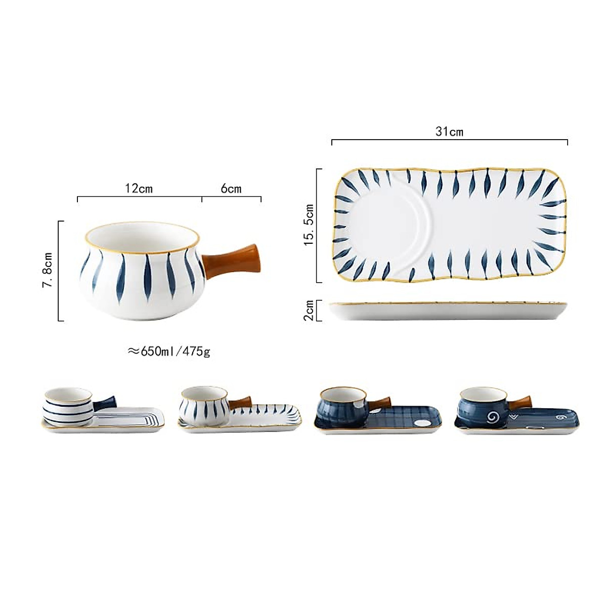 Jusalpha Individualized Creative Breakfast Bowl Set with Handle, Ceramic Cutlery Dinnerware Tableware Set Breakfast Plate Oatmeal Bowl Mug, Soup Bowl -Breakfast for One 01 (Strip Pattern)