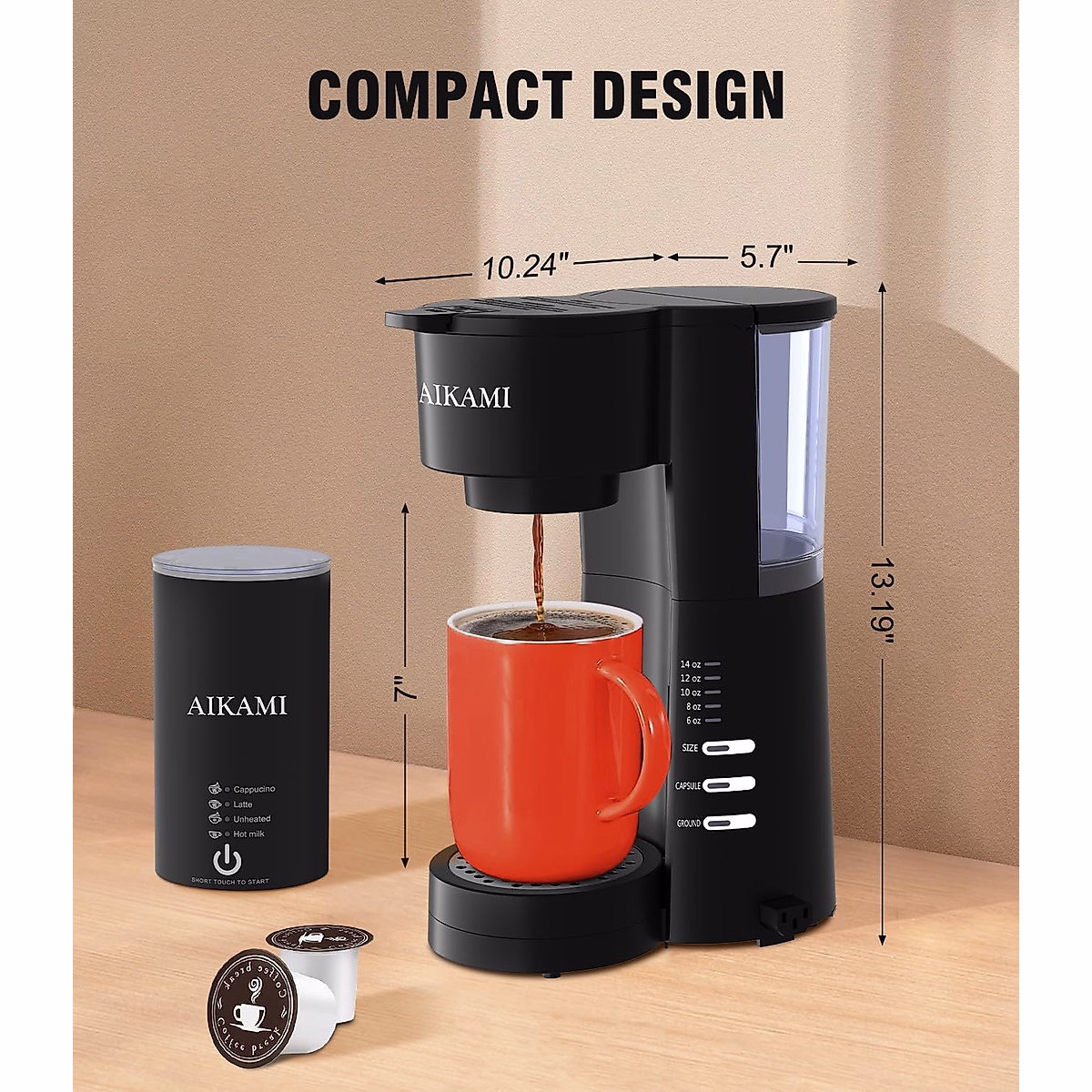 AIKAMI Single Serve Coffee Maker for K Cup & Ground Coffee with Milk Frother, 6 to 14 Oz Brew Sizes, Auto-Off Coffee Machine with Water Reservoir