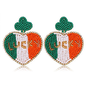 St. Patrick's Day Earrings Beaded Green Leaf Clover Dangling Earrings Handmade Irish Flag Heart Lucky Shamrock Hat Earrings Drop Dangle Earrings Irish Holiday Jewelry Gift for Women