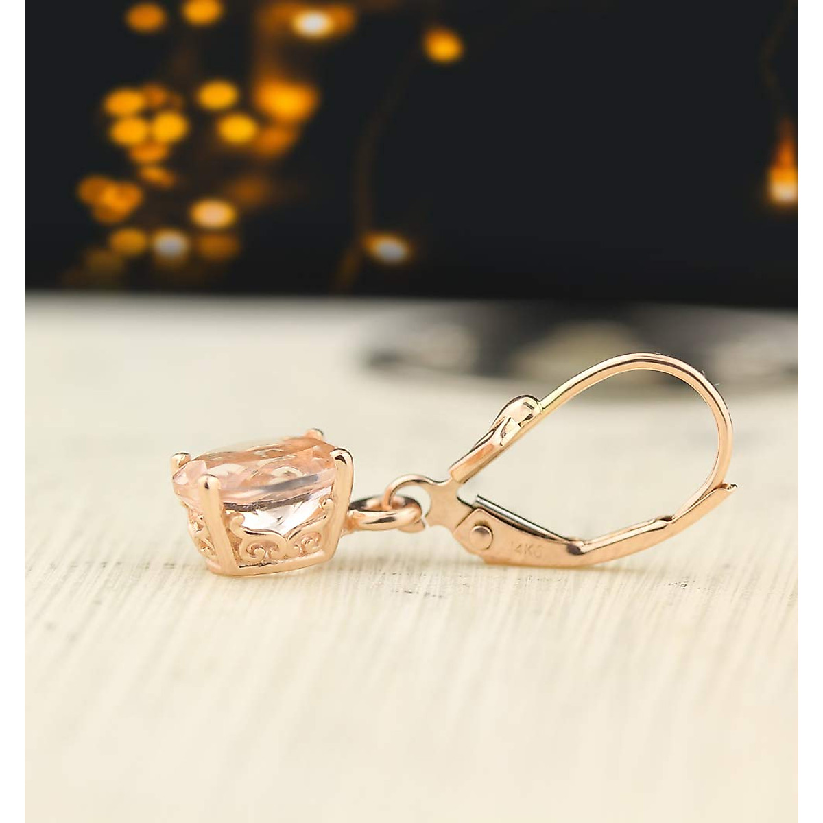 Solid 14k Rose Gold Morganite Dangle Lever back Earrings