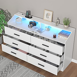 Gyfimoie 6 Drawer Dresser with Power Outlet, Chest of Drawers with LED Light, Modern Dresser with Open Storage Cubby, Double Wide Dresser Organizer for Bedroom, Living Room, Entryway, Hallway