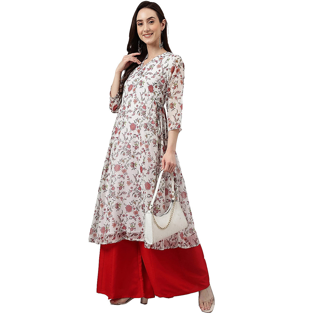 Janasya Indian Women's White Chiffon Lurex Floral Printed flared Kurta
